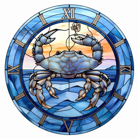 Premium Photo Blue Crab Stained Glass Clock In Circle