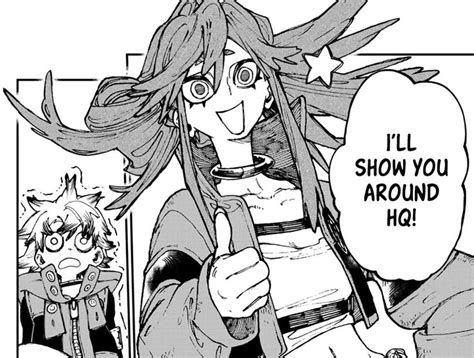 An Anime Character With Long Hair Holding A Sign That Says I Ll Show You Around Here