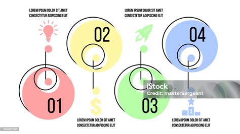 4 단계 비즈니스 프로세스 다이어그램 네 가지 옵션 벡터 인포 그래픽 템플릿 전략 또는 마케팅 계획 흐름도 다채로운 아이콘이있는 프리젠 테이션 레이아웃 0명에 대한 스톡