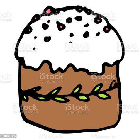 흰색 아이싱과 분홍색 뿌려 부활절 케이크 디자인 템플릿을 위해 흰색에 녹색 잎테두리가 있는 검은 색 윤곽 갈색 반죽 낙서 스타일로 손으로 그린 개념에 대한 스톡 벡터 아트