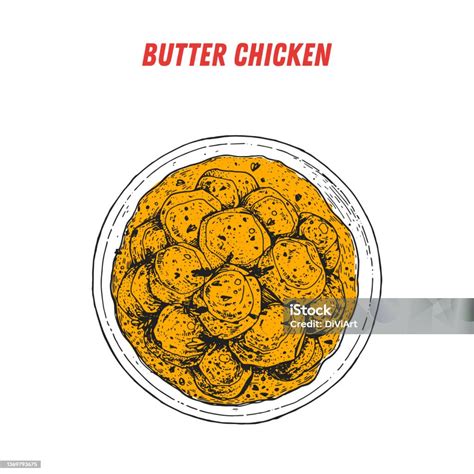 버터 치킨 스케치 인도 음식 손으로 그린 벡터 그림 치킨 카레 스케치 스타일 맨 위 보기입니다 빈티지 벡터 일러스트레이션 고기에 대한 스톡 벡터 아트 및 기타 이미지