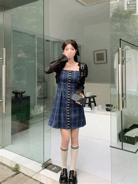 당일배송 66 99 지뢰 버클 체크 긴팔 미니 원피스 빅사이즈 루즈핏 로리타 연말룩 코스프레룩 놀이공원 에이블리