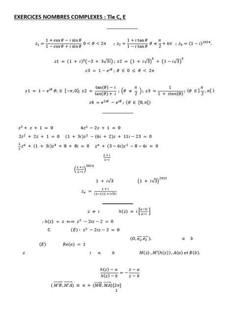 Exercices Nombre Complexe Tle C E Pdf