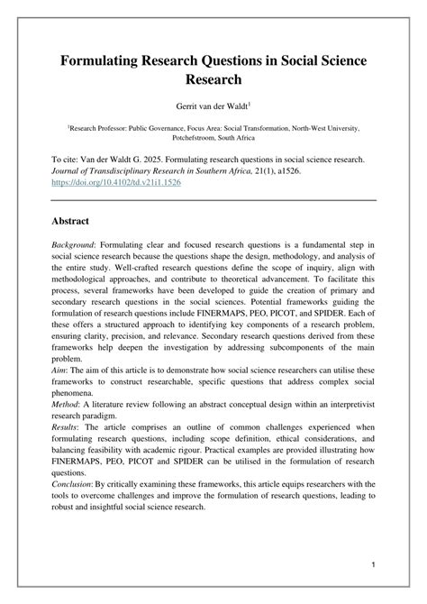 Pdf Formulating Research Questions In Social Science Research