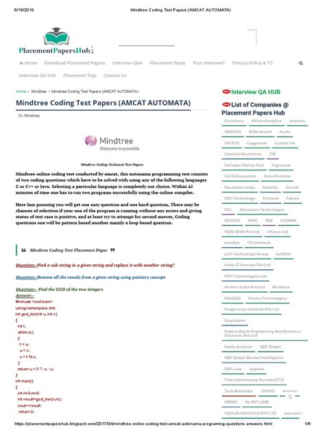 mindtree coding test papers amcat automata pdf integer computer