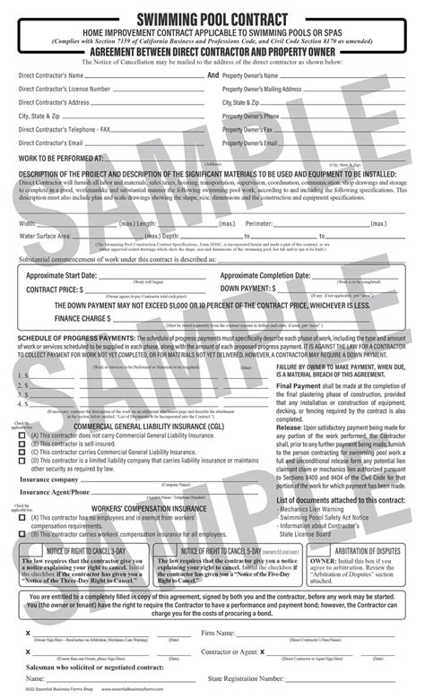 Fillable Pdf Swimming Pool Construction Contract Pack For Remodeling