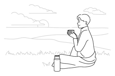 자연 속에서 차를 마시는 행복한 사람 프리미엄 벡터