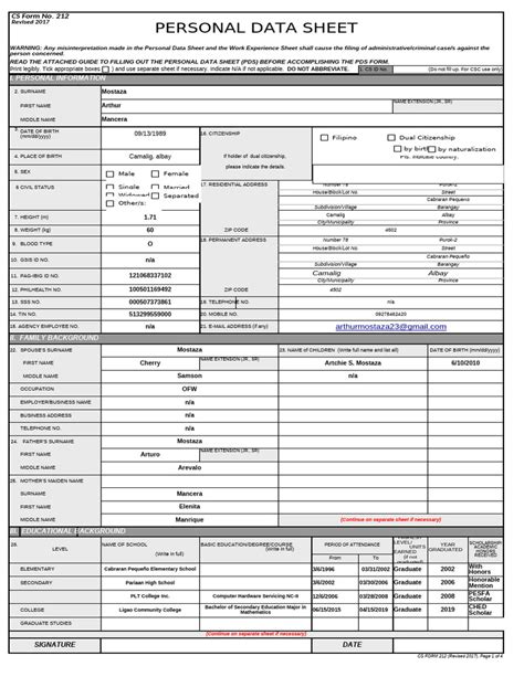 Csc Form 212 Revised 2017 Personal Data Sheet Pdf
