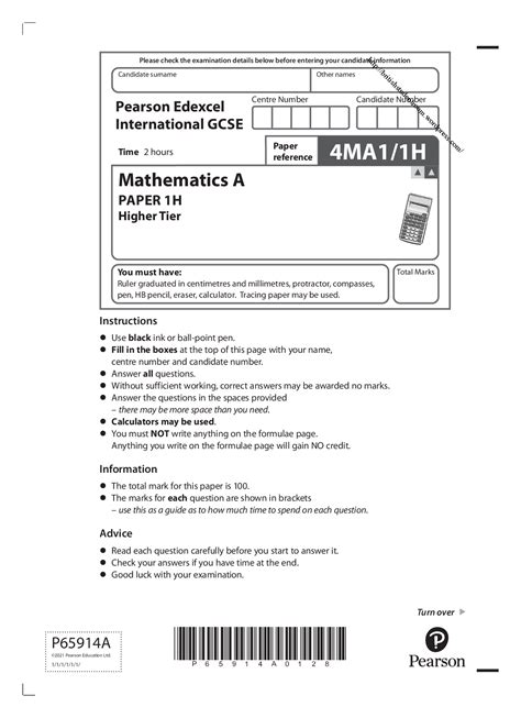 Pearson Edexcel International GCSE Mathematics A MA H Question Paper June PAPER H