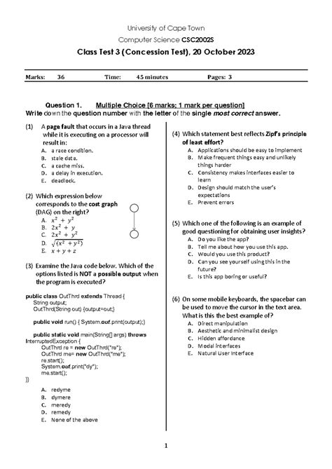 Csc S Concession Test University Of Cape Town Computer Science CSC S Class Test