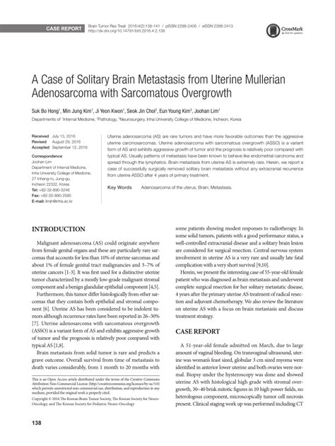 Pdf A Case Of Solitary Brain Metastasis From Uterine Mullerian Adenosarcoma With Sarcomatous