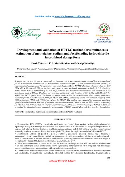 pdf development and validation of hptlc method for simultaneous
