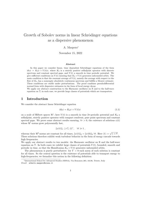 Pdf Growth Of Sobolev Norms In Linear Schrödinger Equations As A Dispersive Phenomenon
