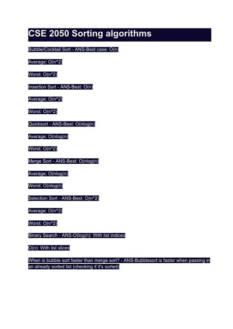 Cse 2050 Sorting Algorithms Questions With 100 Actual Correct Answers Verified Latest