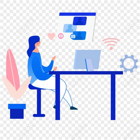 만화 손으로 그린 온라인 사무실 컴퓨터 일러스트 그림 기어 장거리 Png 일러스트 무료 다운로드 Lovepik