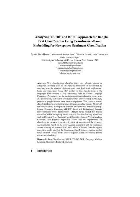 Pdf Analyzing Tf Idf And Bert Approach For Bangla Text Classification