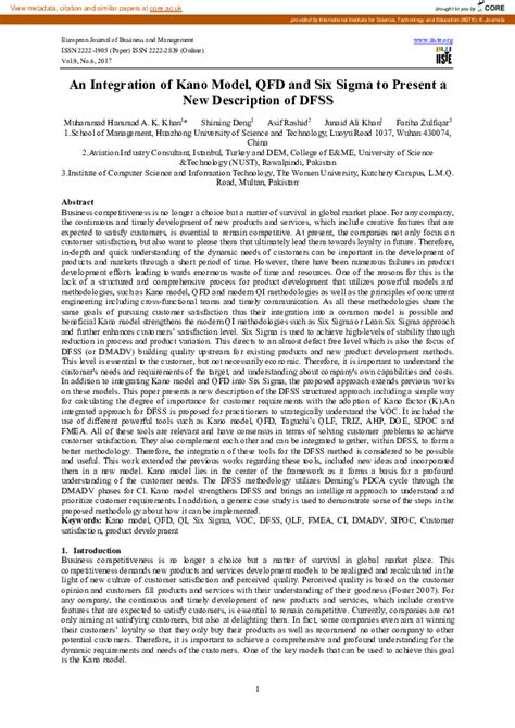 Pdf An Integration Of Kano Model Qfd And Six Sigma To Present A New Description Of Dfss