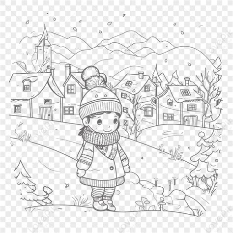만화 소녀의 색칠 페이지는 겨울 마을 개요 스케치 드로잉에 있습니다 벡터몸짓공장 Png 일러스트 무료 다운로드 Lovepik