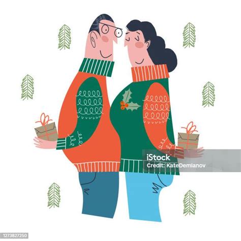 한 남자와 여자가 서로에게 선물을 준다 벡터 그림입니다 개념에 대한 스톡 벡터 아트 및 기타 이미지 개념 겨울 공휴일 Istock