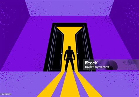 반 오픈 큰 문에 서 있는 남자는 새로운 기회의 벡터 개념에 단계 주저 미래 은유에 단계 미래로 이동 하는 부채 결정 출입구 문에 대한 스톡 벡터 아트 및 기타 이미지