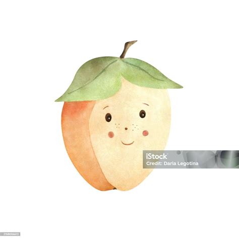 수채화 만화 살구 오렌지 잘 익은 과일 녹색 잎 이유식 포장지 유치한 장식 스크랩북 인쇄 섬유 꼬마 엽서 포스터 복숭아 귀여운 얼굴 미소 0명에 대한 스톡 벡터 아트 및