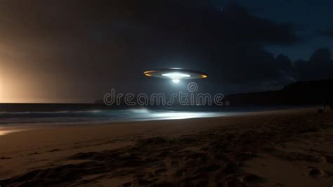 At Night On A Deserted Beach A Ufo Flies By In The Up 003 Stock