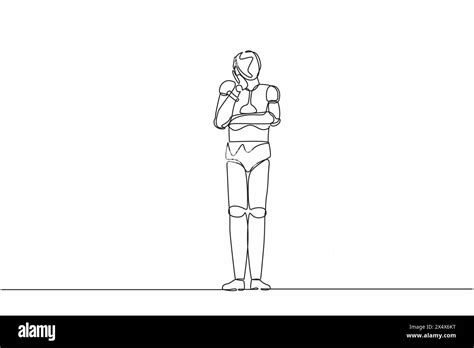 single continuous line drawing robot bored or tired keeping hand on