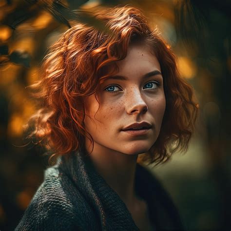 Premium Ai Image A Redhead Woman With Freckles And Blue Eyes Looks