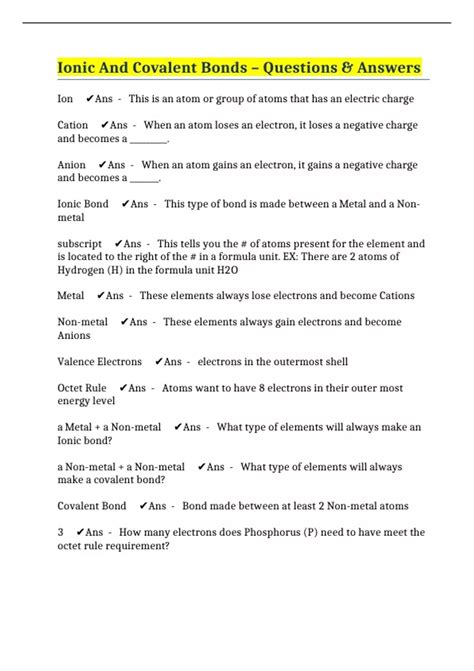 Ionic And Covalent Bonds Questions And Answers Covalent Bond Stuvia Us