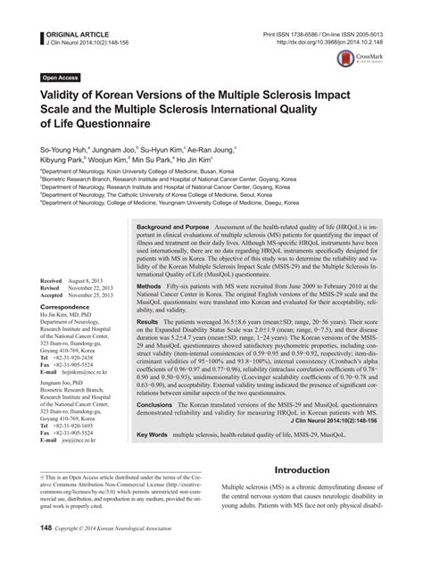 Pdf Validity Of Korean Versions Of The Multiple Sclerosis Impact Scale And The Multiple