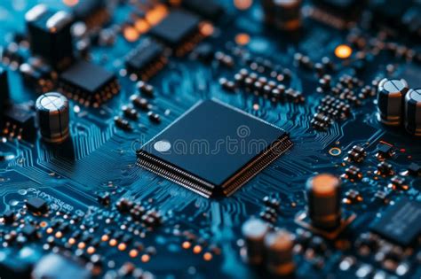 Microchip On Blue Circuit Board With Neon Lights Artificial