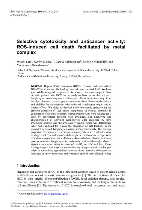 Pdf Selective Cytotoxicity And Anticancer Activity Ros Induced Cell