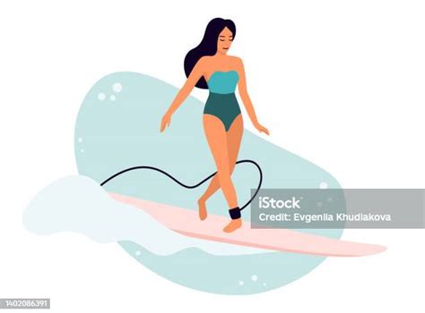 서핑 소녀 미니멀 벡터 일러스트 레이 션 서핑 보드에서 파도를 치는 여성과 함께 평면 스타일의 디지털 아트 롱보드를 타고 웃고 십자가 걸음을 내딛는 젊은 여성 관능에 대한