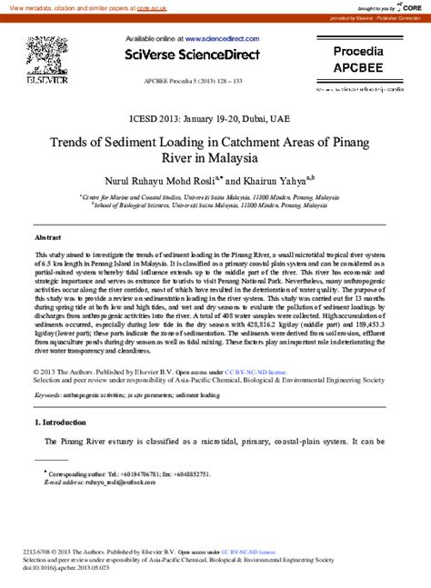 Pdf Trends Of Sediment Loading In Catchment Areas Of Pinang River In Malaysia