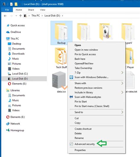 access the advanced security permissions page via right click menu in