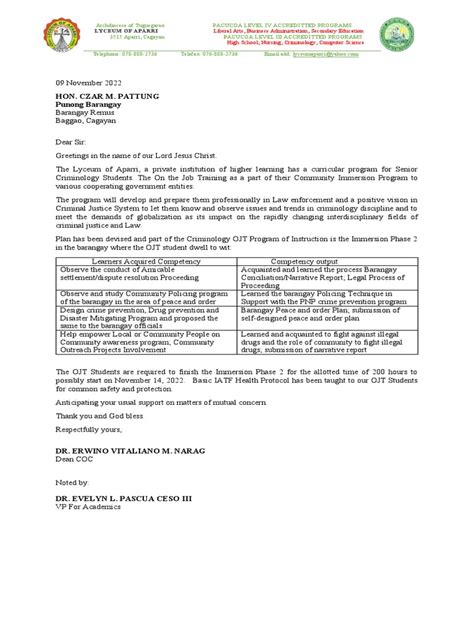 Letter Ojt Brgy Captain Pdf Criminology Justice