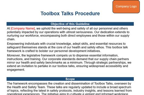 Toolbox Talk Template Procedure And Sign Off Sheet For Workplace