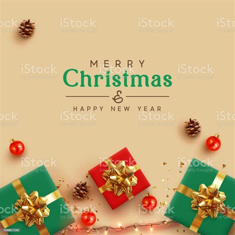 크리스마스 휴일 기프트 카드 축제 디자인 Xmas 선물 빨간색과 녹색 선물 상자 Bauble 공 빛 화환 반짝이 골드 색종이 새해 맞이 12월 31일에 대한 스톡 벡터 아트