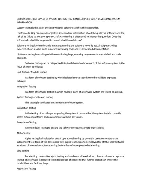 Discuss Different Levels Of System Testing That Can Be Applied When