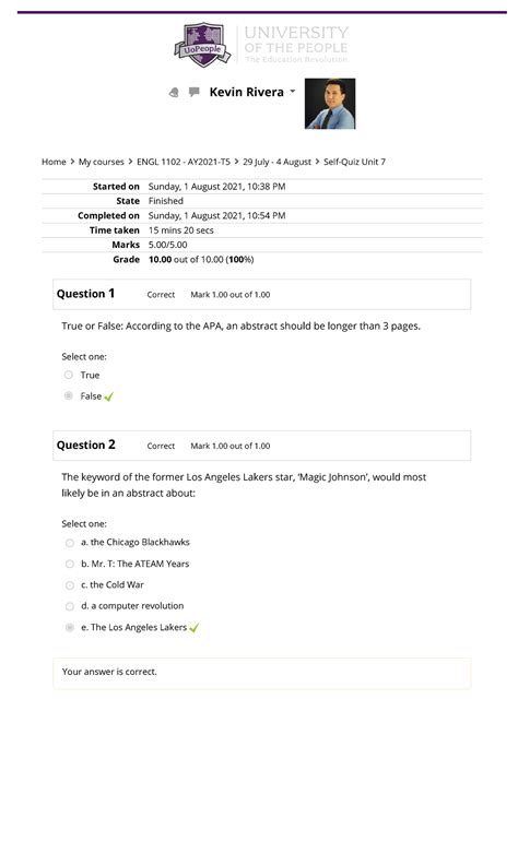 Self-Quiz Unit 7 Attempt review - Started on Sunday, 1 August 2021, 10:38 PM State Finished ...