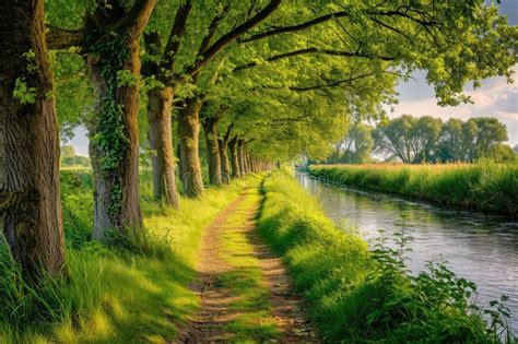 Tree Lined Path Alongside River Stock Illustration Illustration Of Water Path