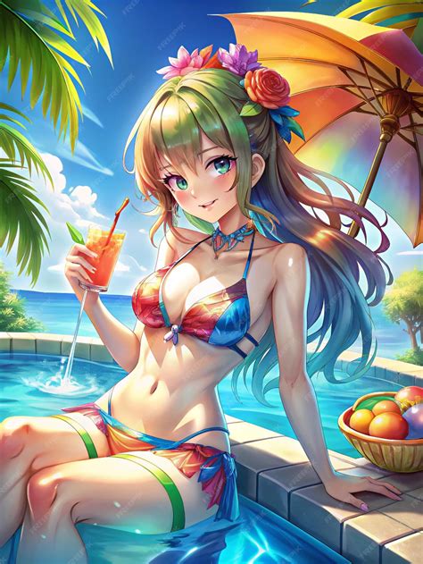 Anime Girl Enjoying Summer In A Stylish Bikini Illustration Premium