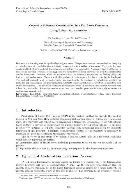 Pdf Control Of Substrate Concentration In A Fed Batch Fermentor Using Robust H ∞ Controller
