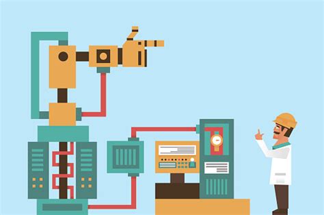 로봇 시스템 첨단 기술 정보 그래픽입니다 엔지니어 직장에서 교수입니다 생산 과정입니다 컴퓨터 전자 전선 로봇 팔 촉수 벡터 일러스트 레이 션 차에 대한 스톡 벡터 아트 및