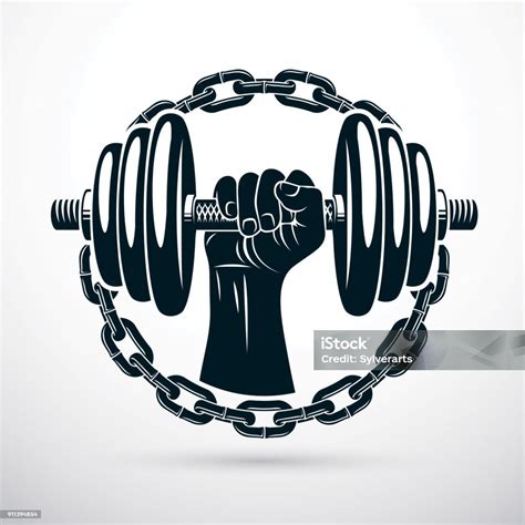 아령을 들고 철 체인 힘과 건강 한 라이프 스타일의 상징으로 둘러싸여 체육 스포츠맨 팔 뚝 팔의 벡터 그림 피트 니스 운동입니다 Championship에 대한 스톡 벡터