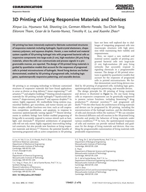 Pdf Responsive Materials 3d Printing Of Living Responsive Materials And Devices Adv Mater