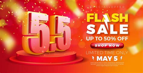 연단에 3d 번호와 빨간색 배경에 떨어지는 색종이와 프로 모션 5 월 5 일 플래시 판매 디자인 무료 벡터