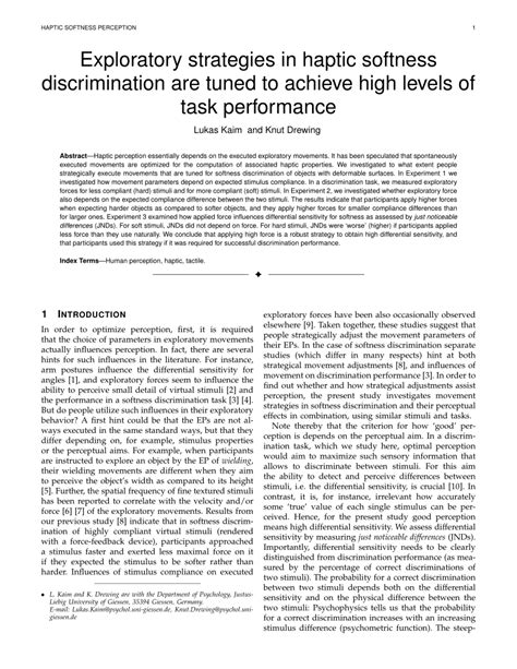 Pdf Exploratory Strategies In Haptic Softness Discrimination Are Tuned To Achieve High Levels