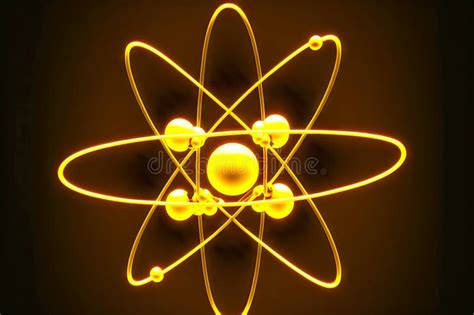 atomic particles rotating on bright yellow illuminated model atom orbit