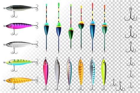 낚시 미끼 세트 연어 메기 참치 파이크 퍼치 청새치 농어 송어 또는 타폰을 잡기위한 현실적인 후크 컬렉션 웹 및 인쇄된 제품에 대한 Wobblers 벡터 일러스트레이션에